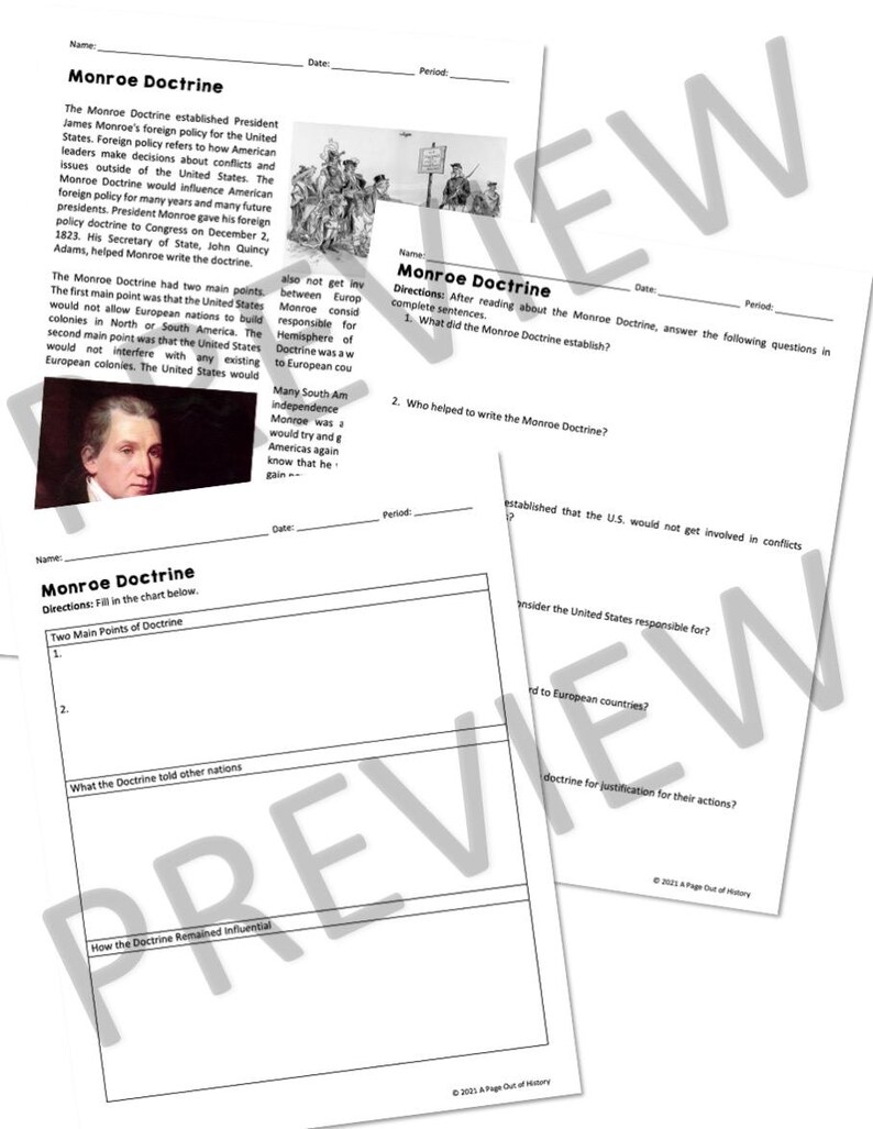 Monroe Doctrine Early American Republic Reading Worksheets, Homeschool ...