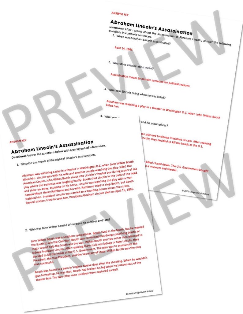 Abraham Lincolns Assassination Civil War Reading Worksheets and Answer ...