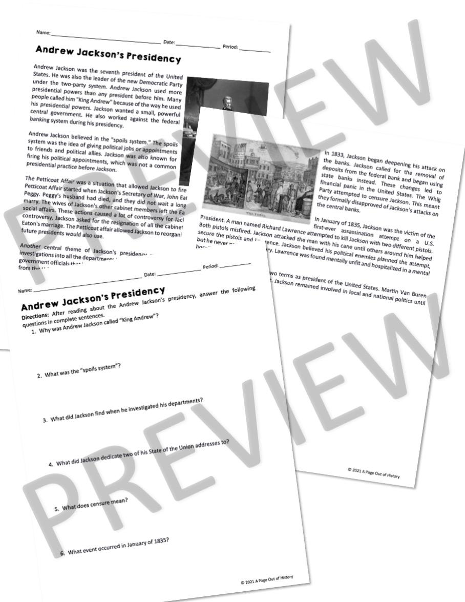 Andrew Jackson's Presidency Age of Jackson Reading Worksheet & Answer ...