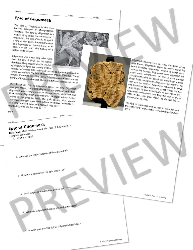 Epic of Gilgamesh Reading Practice Worksheets, Social Studies ...