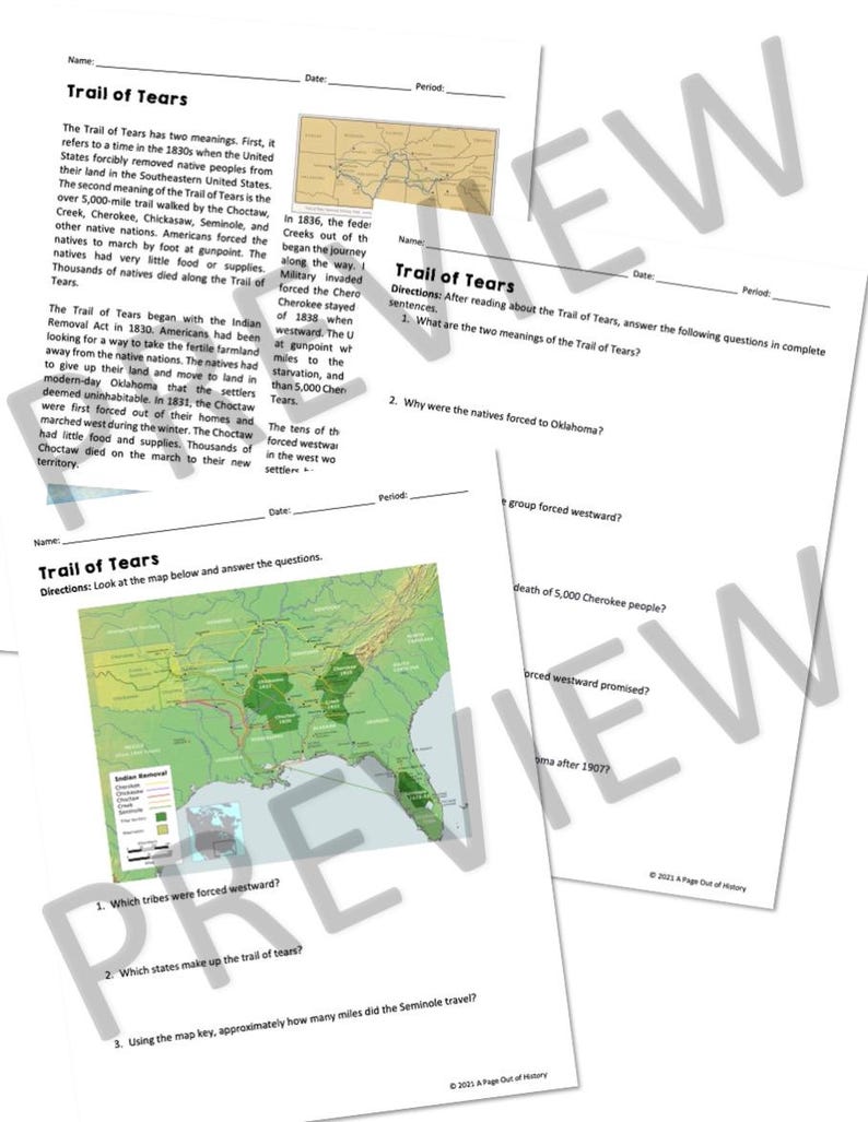 Trail of Tears Age of Jackson Reading Comprehension Worksheets ...