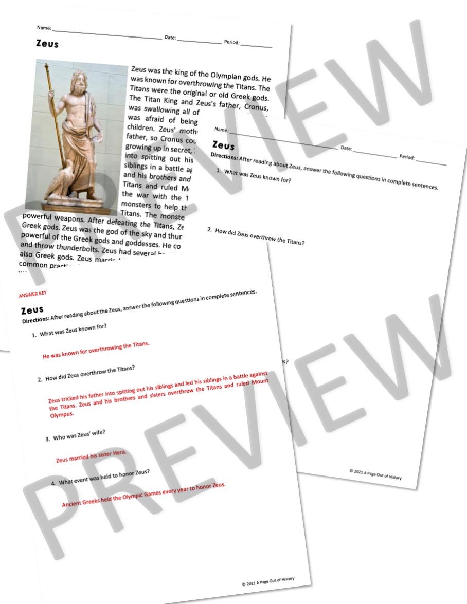 Zeus Greek Mythology Reading Worksheets and Answer Keys - Etsy