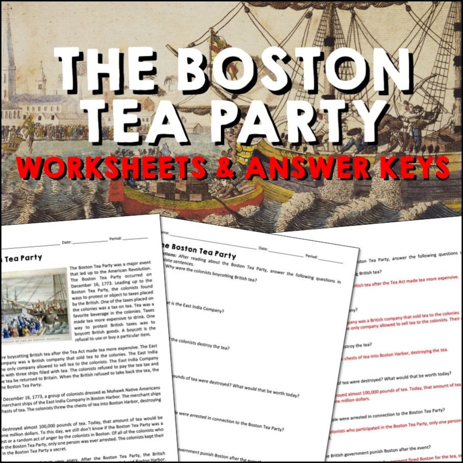 Boston Tea Party Reading Comprehension Worksheets, Colonial America ...