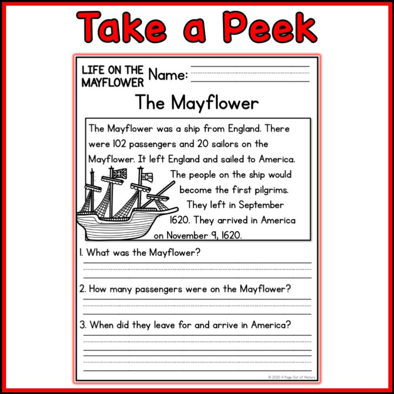 Life on the Mayflower Reading Comprehension Passages K-2 - Etsy