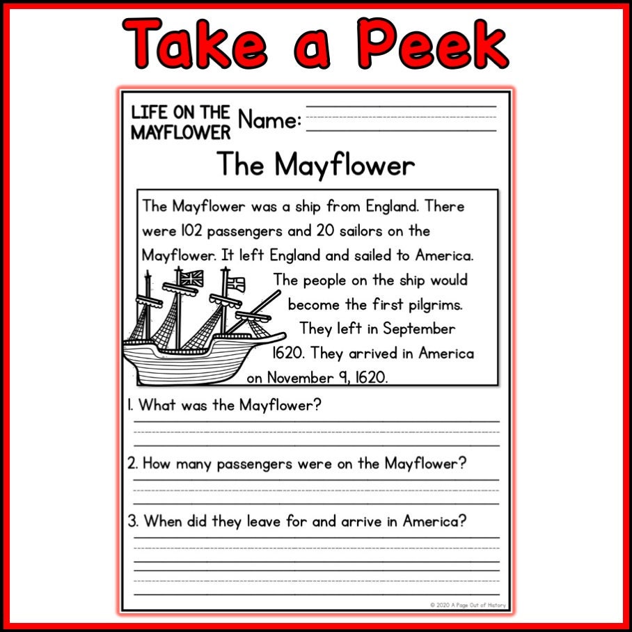 Mayflower Voyage Reading Comprehension Passages Questions Pilgrims 13 ...