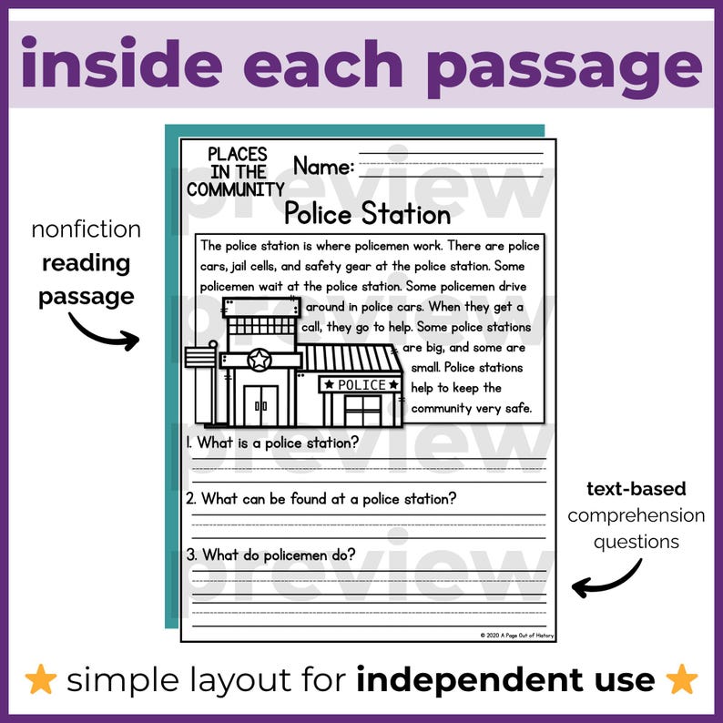 K-2 Reading Comprehension Worksheets, Places in the Community Passages ...