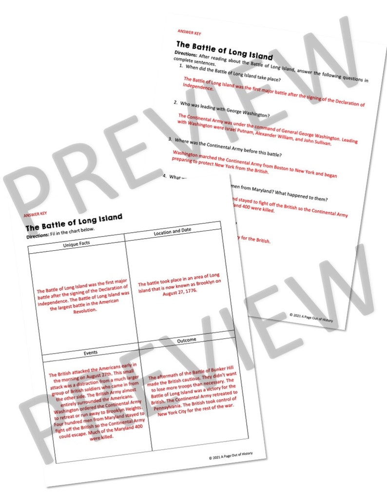 Battle of Long Island Reading Passages Worksheet, American Revolution ...