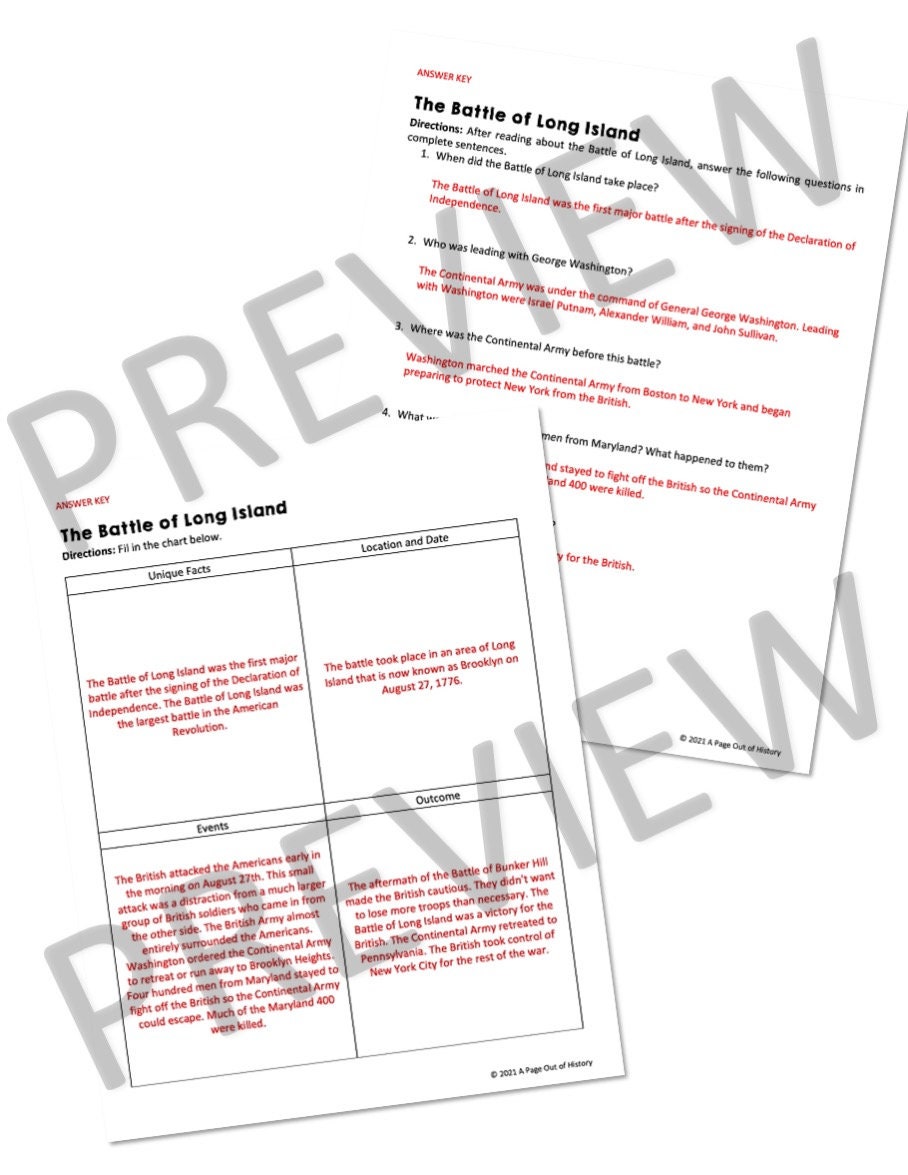 Battle of Long Island Reading Worksheets and Answer Keys | 6-12 ...
