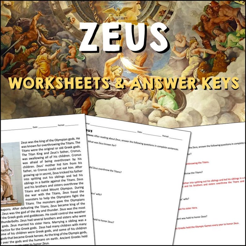 Zeus Greek Mythology Reading Worksheets and Answer Keys - Etsy