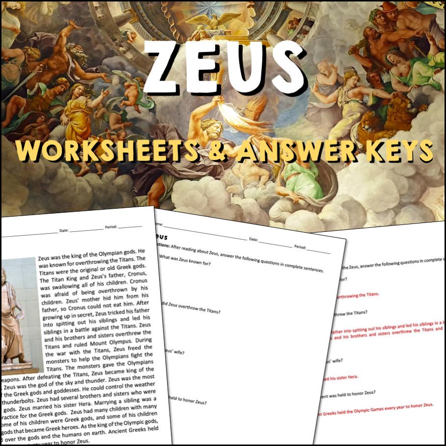 Zeus Greek Mythology Reading Worksheets and Answer Keys - Etsy