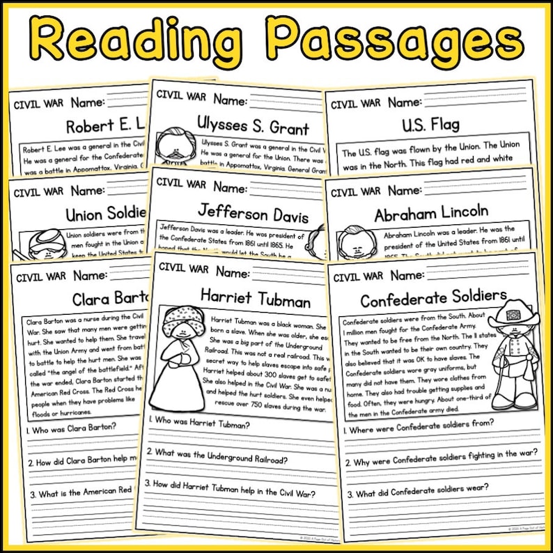 Civil War Reading Comprehension Passages K-2 Homeschool Social Studies ...