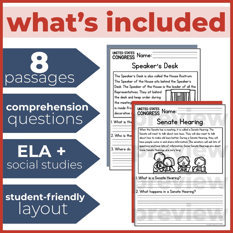 K-2 Reading Comprehension Passages, US Congress Worksheets and Answer ...