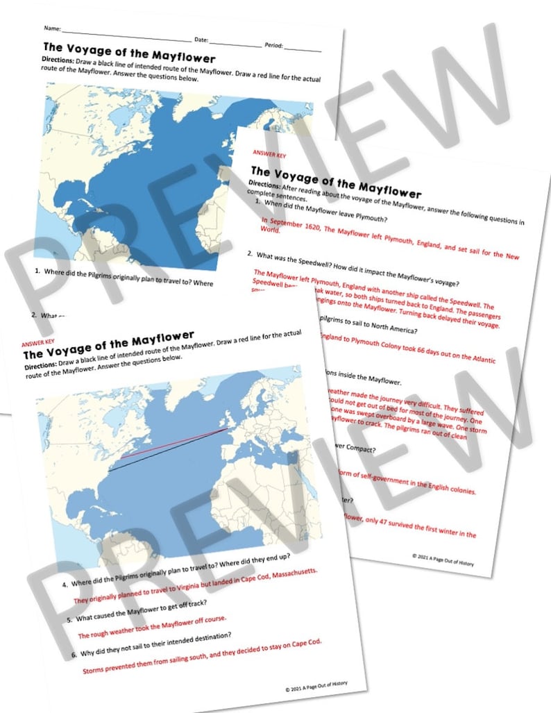 Mayflower Voyage Reading Worksheets and Answer Keys | 6-12 | Homeschool ...