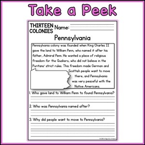 Thirteen Colonies Reading Comprehension Passages | K-2 | Homeschool ...