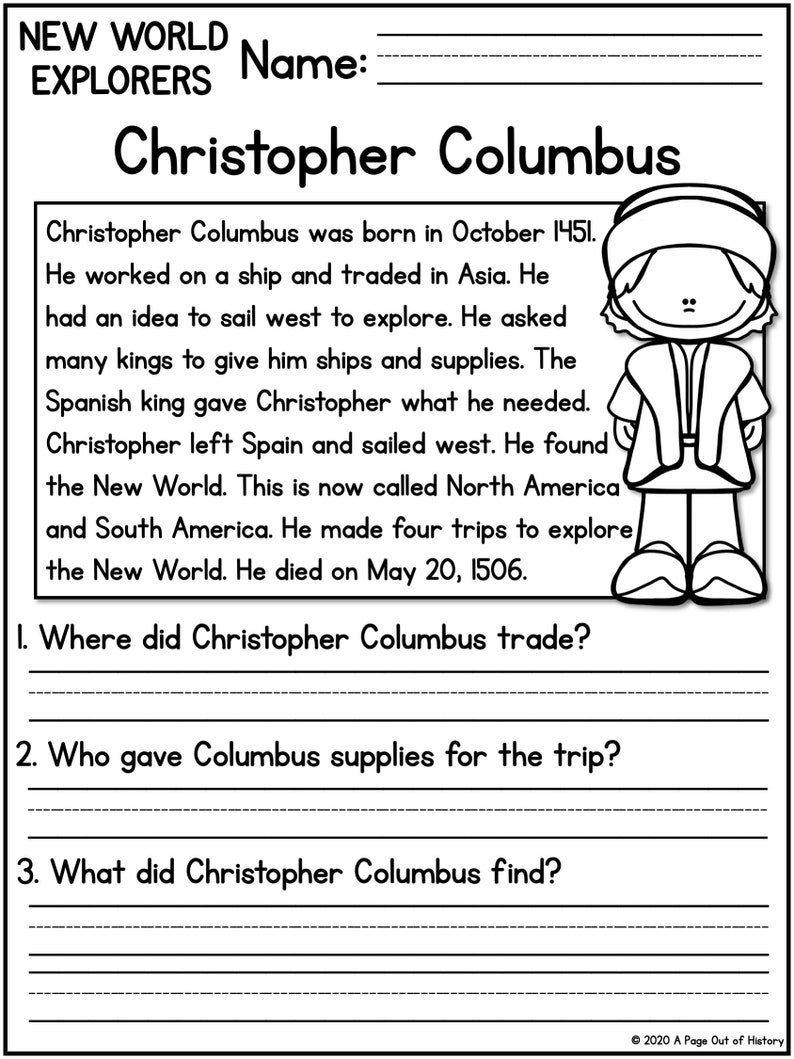 New World Explorers Reading Comprehension Passages K-2 | Etsy