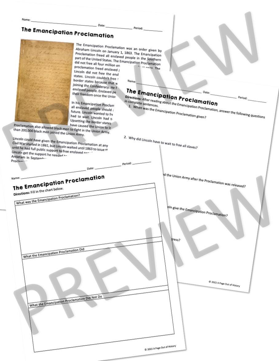 Emancipation Proclamation Civil War Reading Comprehension Worksheets ...