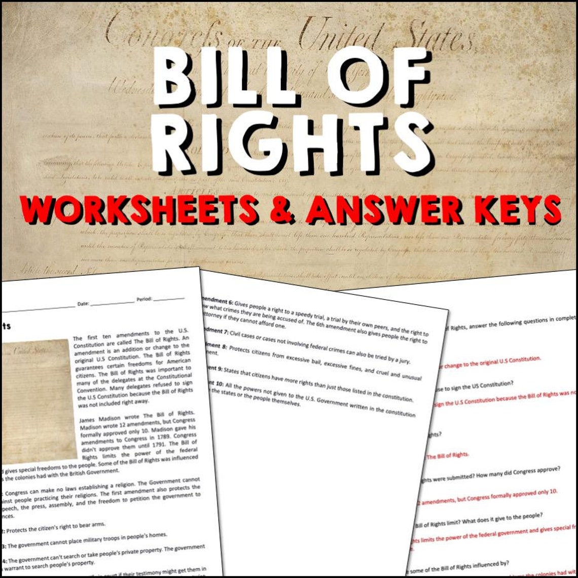 Bill of Rights US Constitution Reading Worksheets & Answer Keys ...