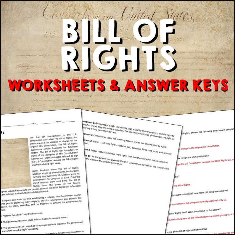 Bill of Rights US Constitution Reading Worksheets Answer Keys 6-12 ...