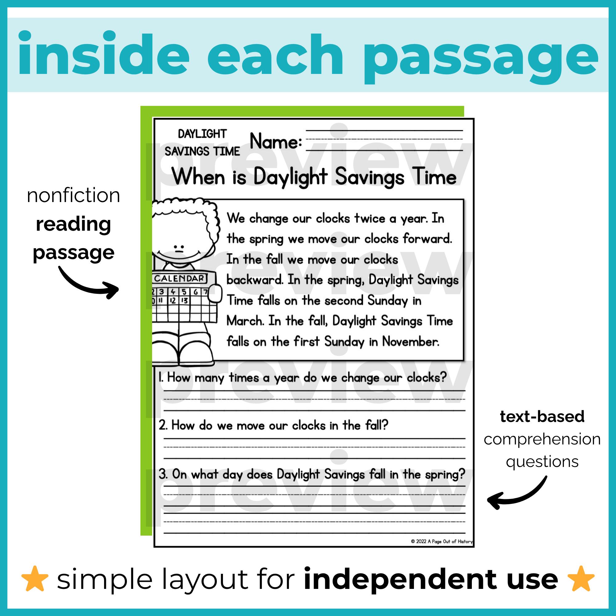 K-2 Reading Comprehension Worksheets, Daylight Savings Time Passages ...