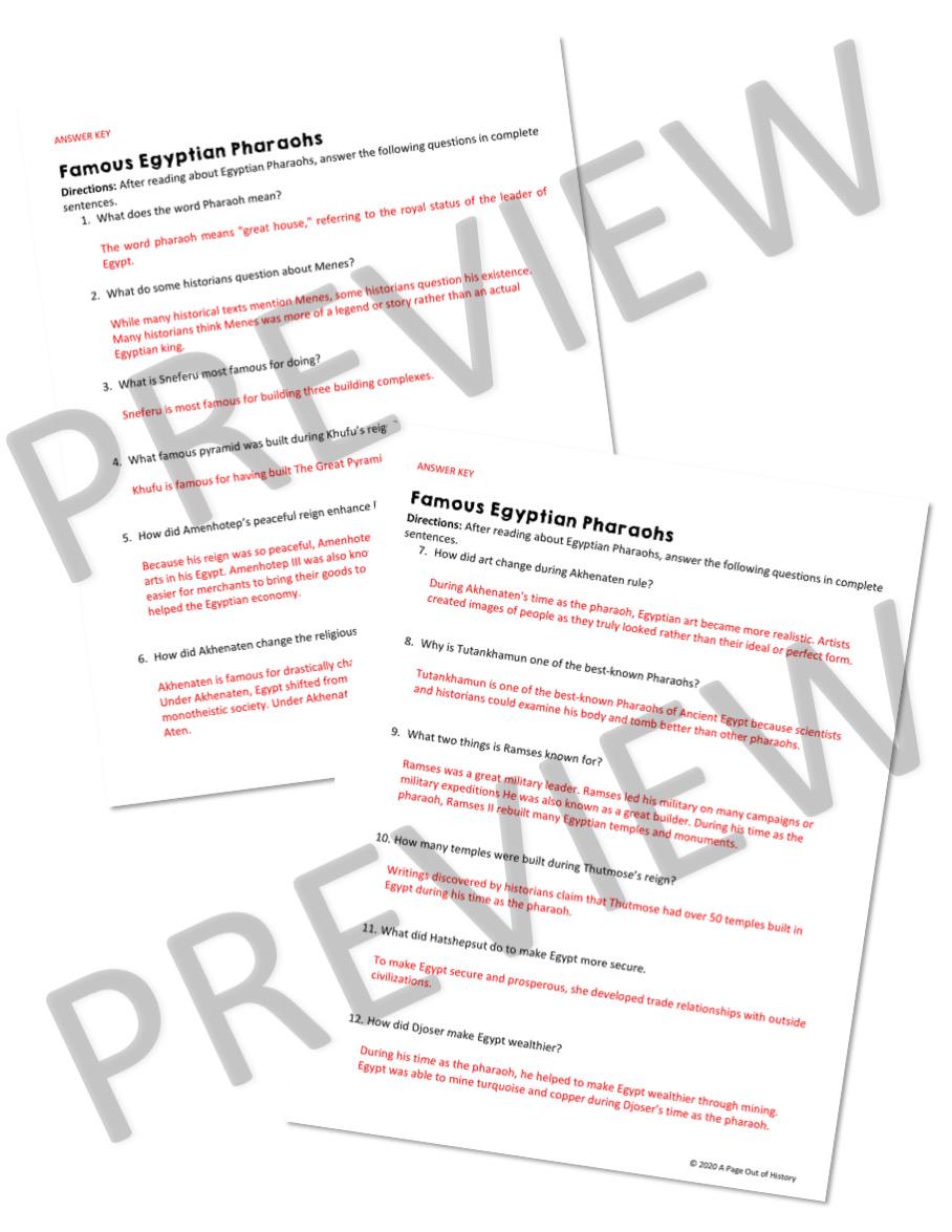 Famous Ancient Egyptian Pharaohs Reading Worksheets, Ancient ...