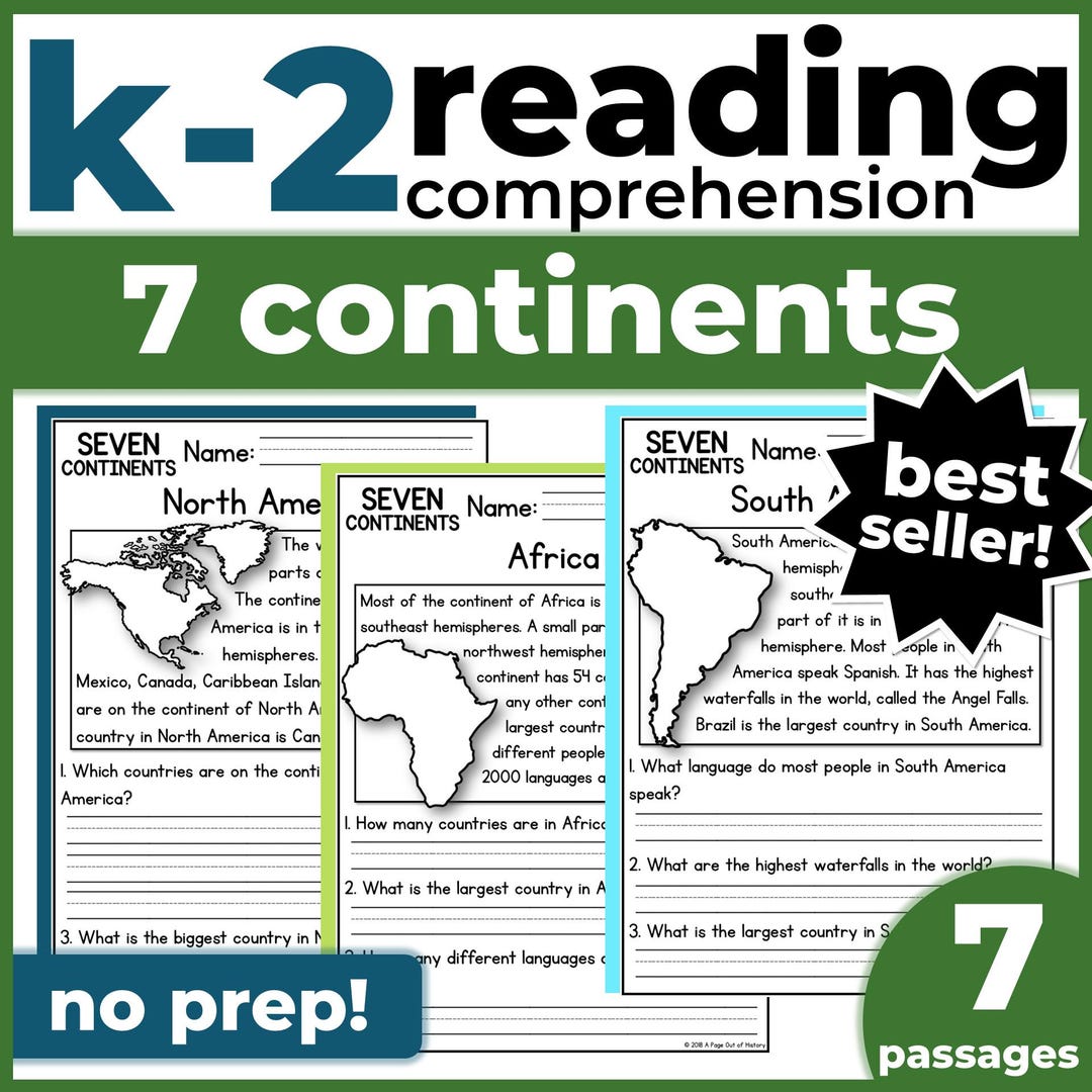 K-2 Reading Comprehension Printable Pages, 7 Continents Passages ...