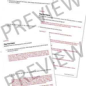The Puritans Reading Worksheets and Answer Keys | 6-12 | Homeschool ...