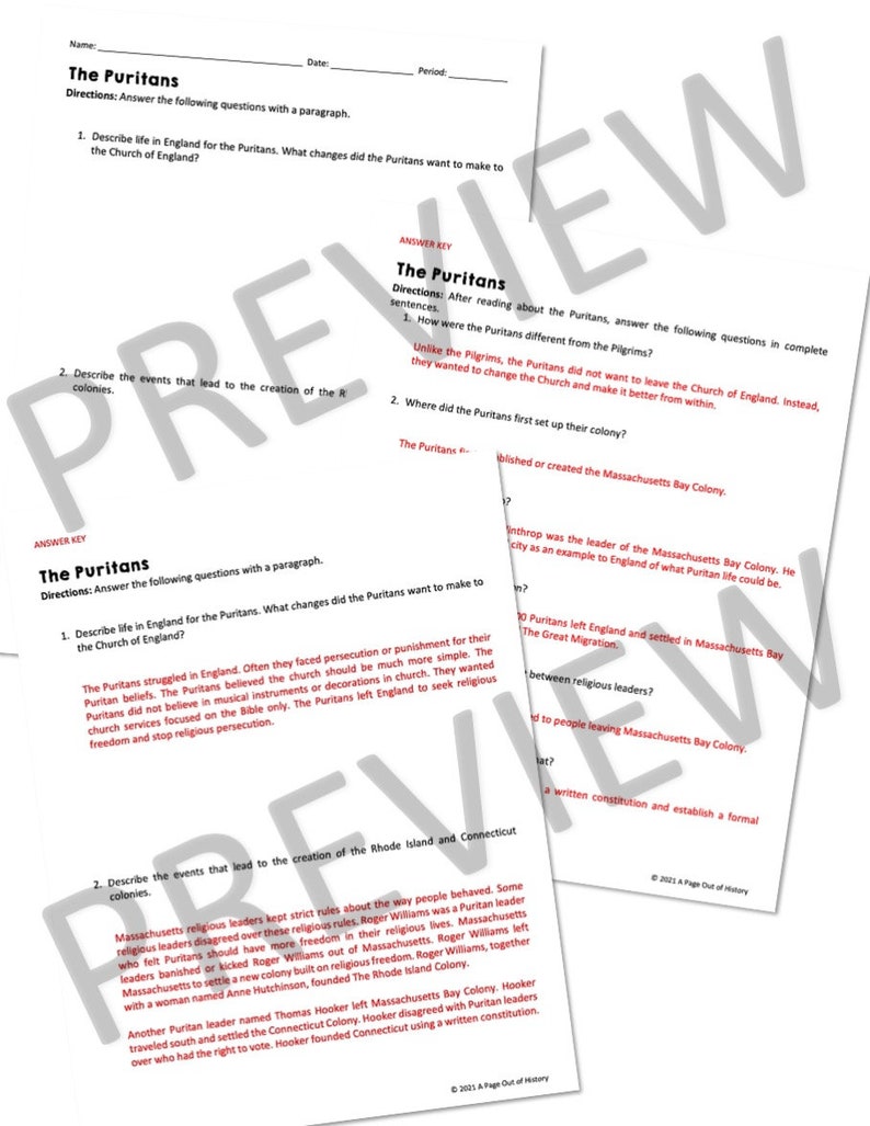 The Puritans Reading Worksheets and Answer Keys | 6-12 | Homeschool ...