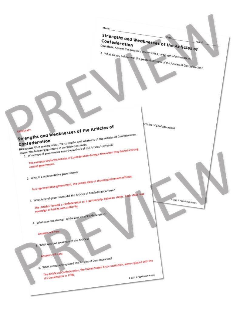 Strengths & Weaknesses Articles of Confederation Reading Worksheet, US ...