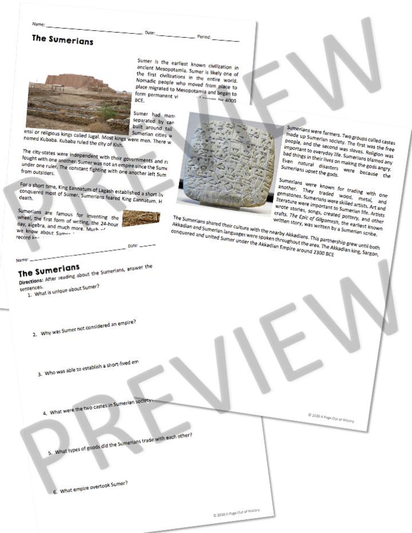 The Sumerians Reading Worksheets and Answer Keys - Etsy