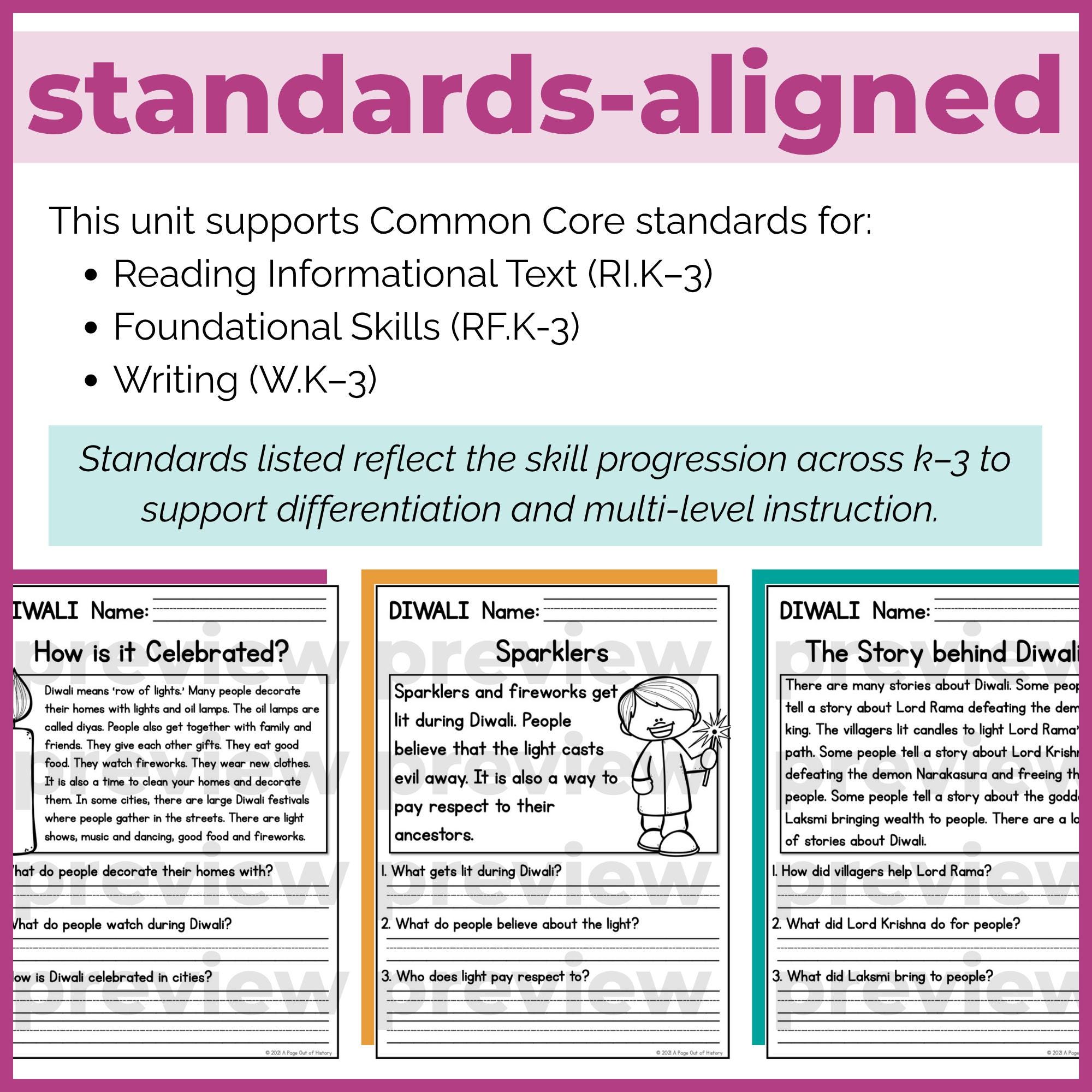 K-2 Reading Comprehension Worksheets, Diwali Holiday Passages, 1st 2nd ...