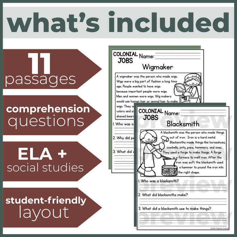 Colonial Jobs Reading Comprehension Passages, 13 Colonies Worksheets ...