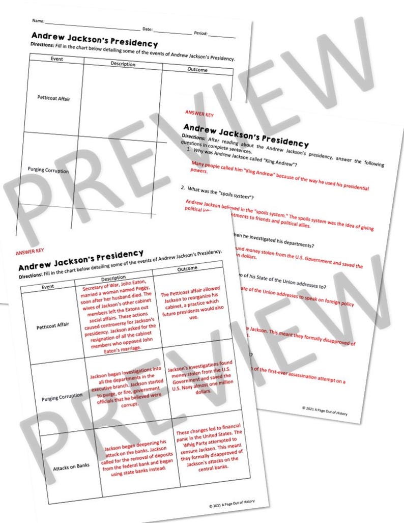 Andrew Jackson's Presidency Age of Jackson Reading Worksheet & Answer ...