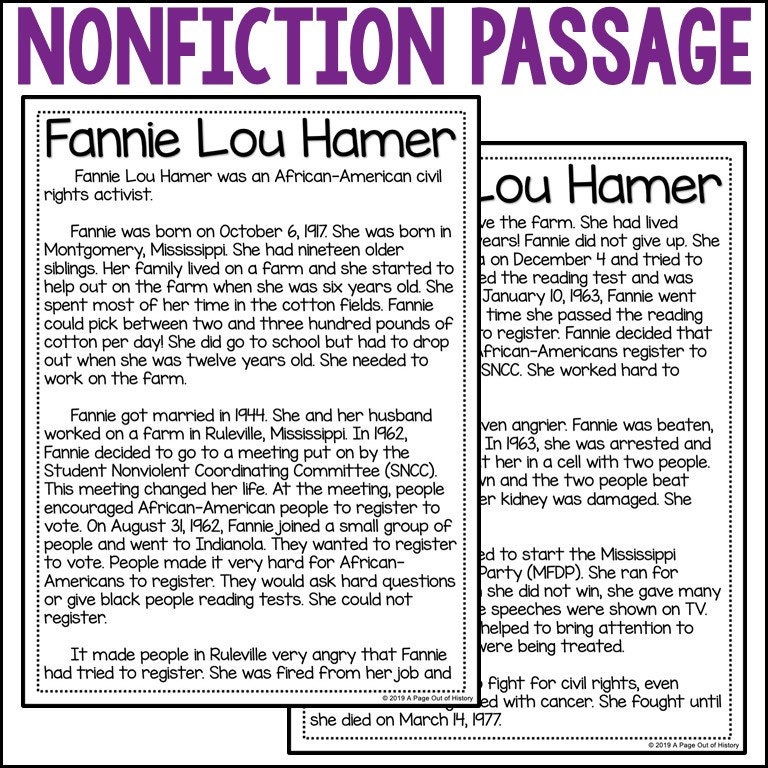 Fannie Lou Hamer Biography Reading Comprehension Worksheet, Black ...