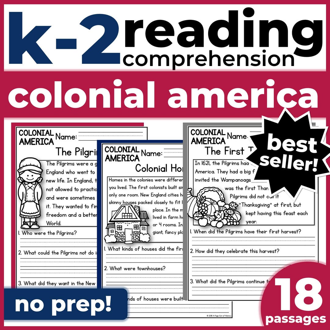 K-2 Reading Practice 1st 2nd Grade Passages, Colonial America Sheets ...