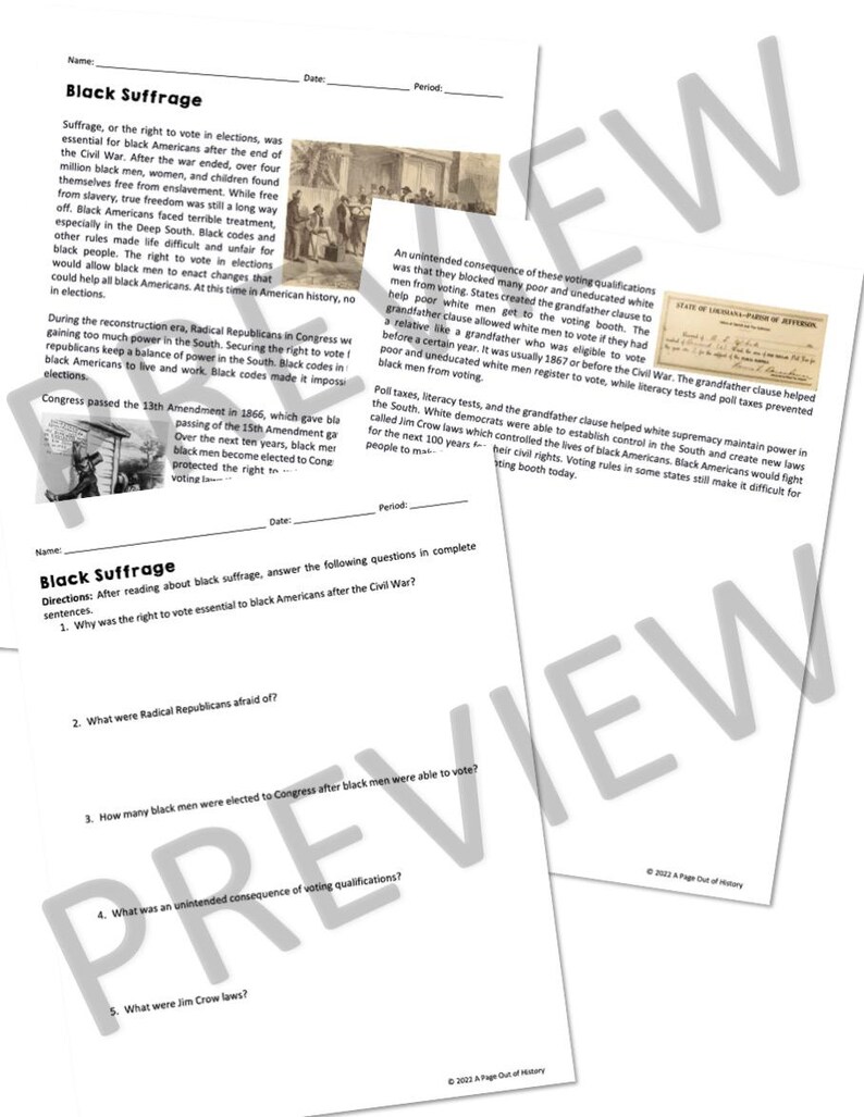 Black Suffrage During Reconstruction, Reading Comprehension Worksheet ...
