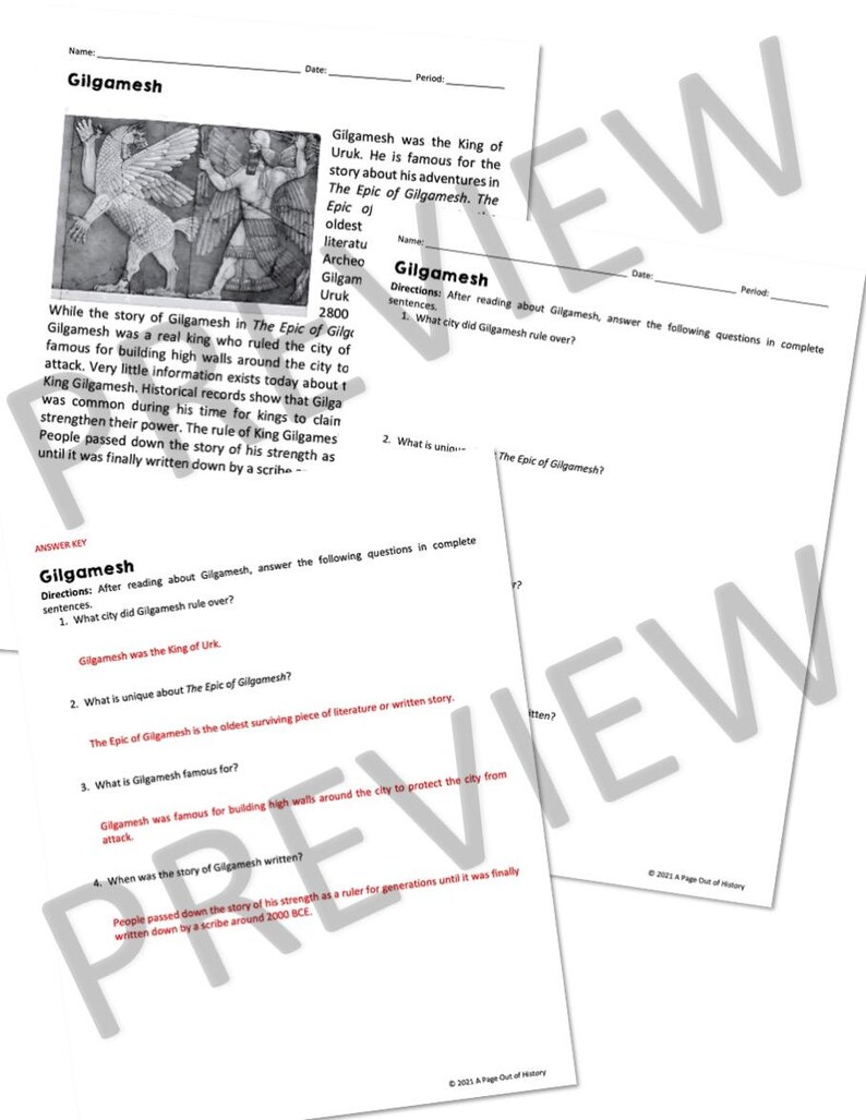 Gilgamesh Ancient Mesopotamia Reading Worksheets and Answer Keys - Etsy