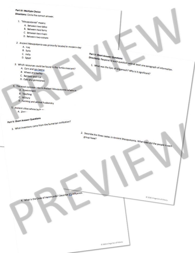 Ancient Mesopotamia Test and Answers, Educational Classroom Activities ...