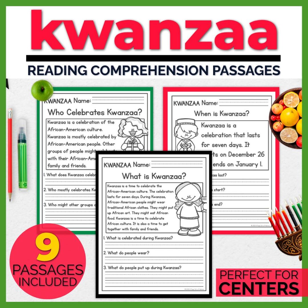 K-2 Reading Comprehension Pages, Kwanzaa Holiday Passages, 1st 2nd ...