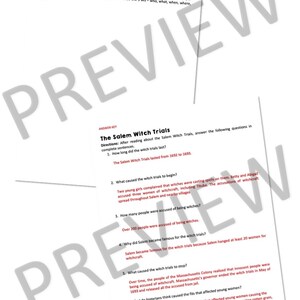 Salem Witch Trials Reading Worksheets and Answer Keys, American History ...