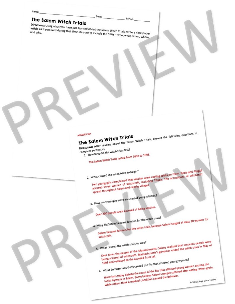 Salem Witch Trials Reading Worksheets and Answer Keys | 6-12 ...
