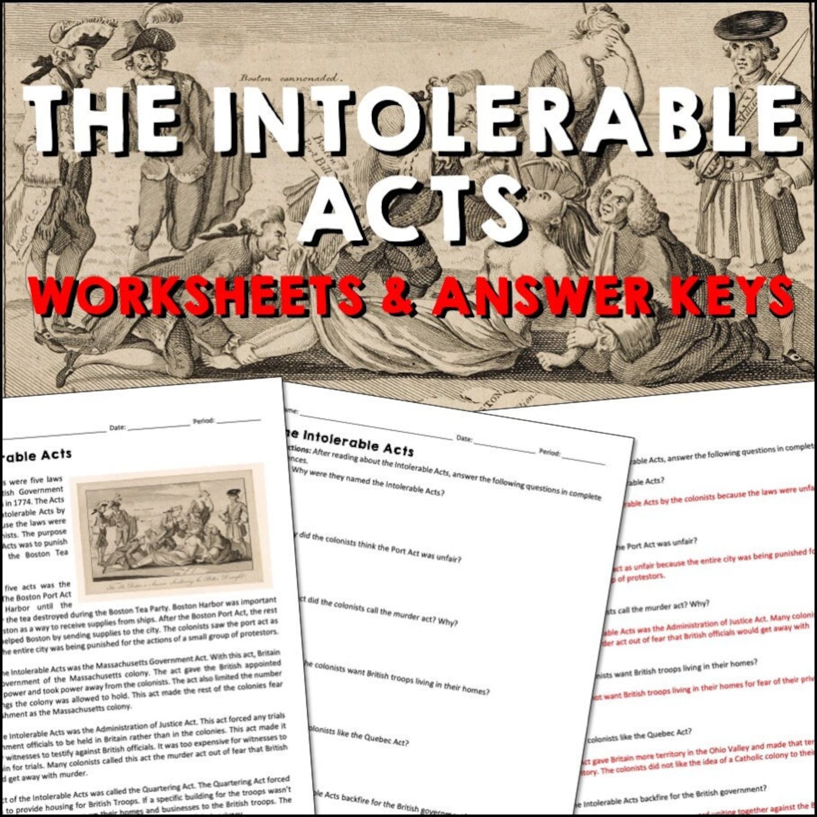 Intolerable Acts Reading Comprehension Worksheet, American Revolution ...