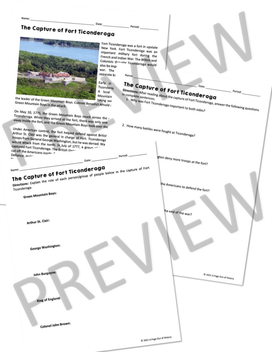 Capture of Fort Ticonderoga Reading Worksheets and Answer Keys | 6-12 ...