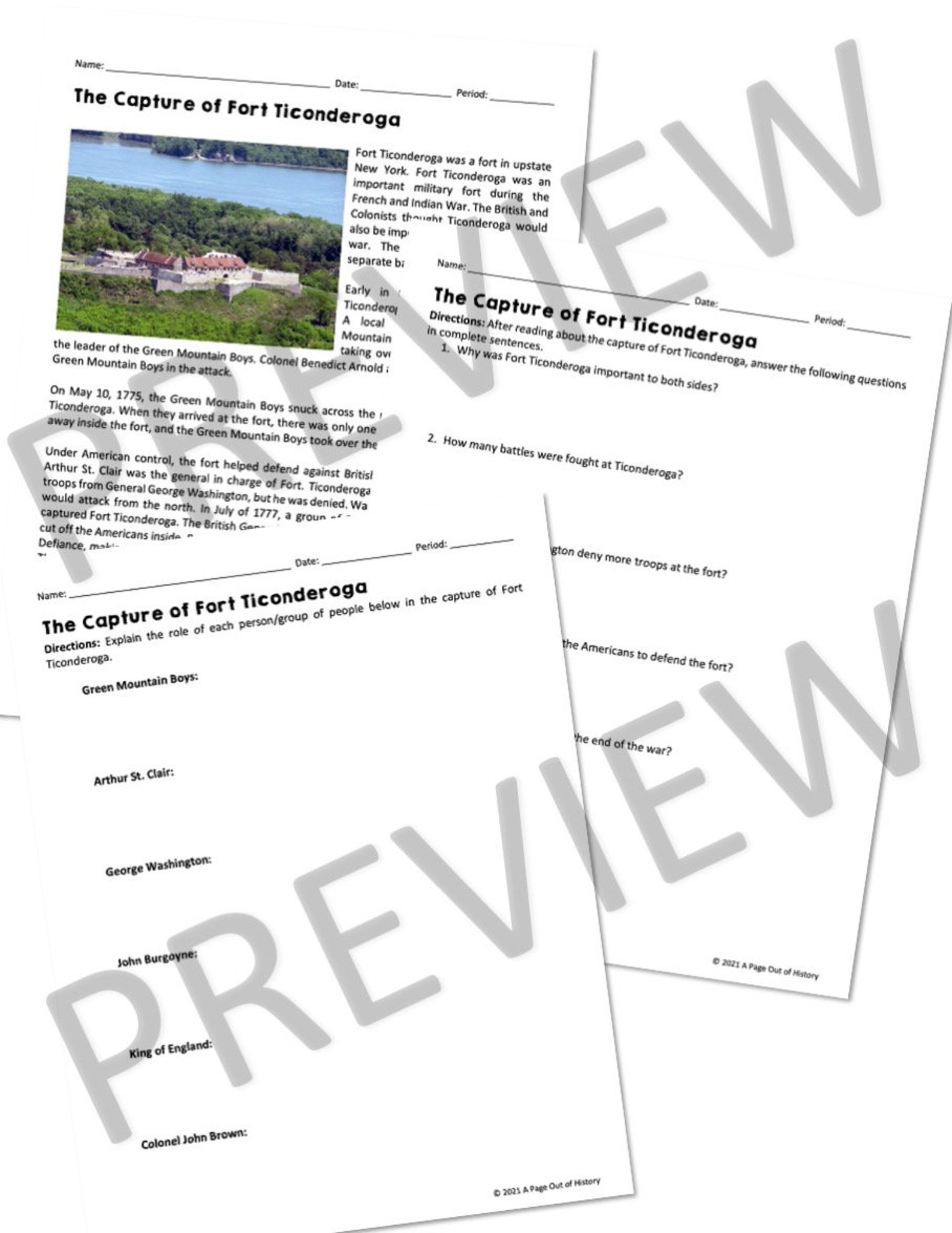 Capture of Fort Ticonderoga Reading Worksheets and Answer Keys | 6-12 ...