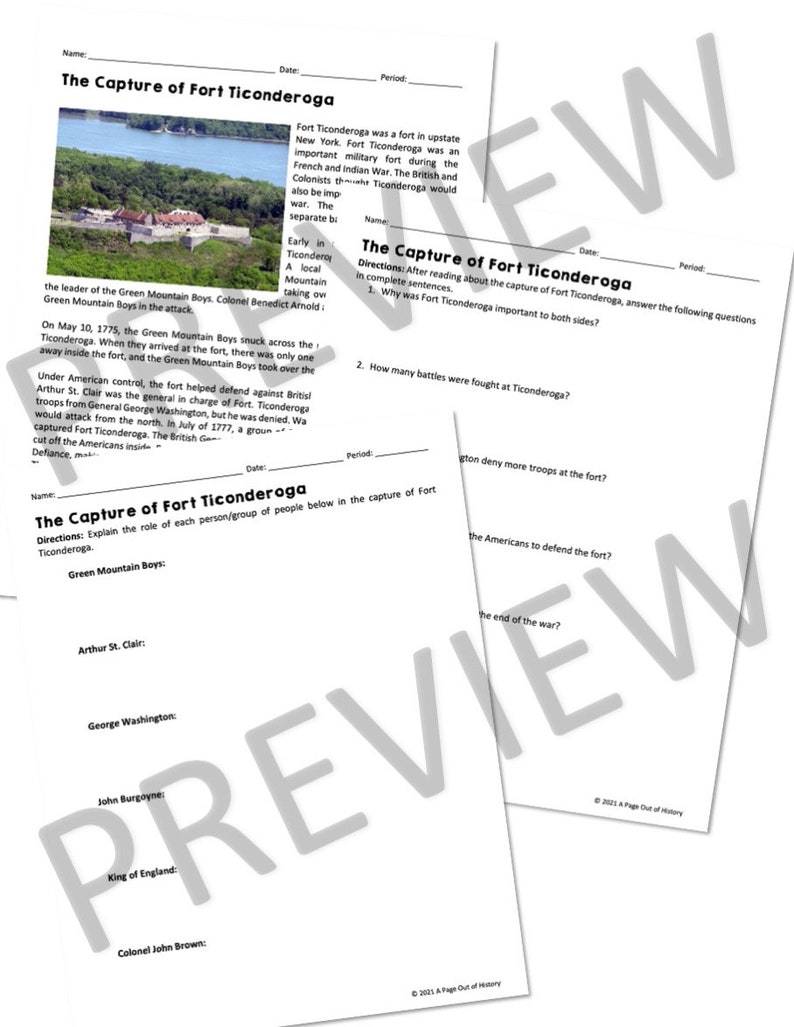 Capture of Fort Ticonderoga Reading Worksheets and Answer Keys | 6-12 ...