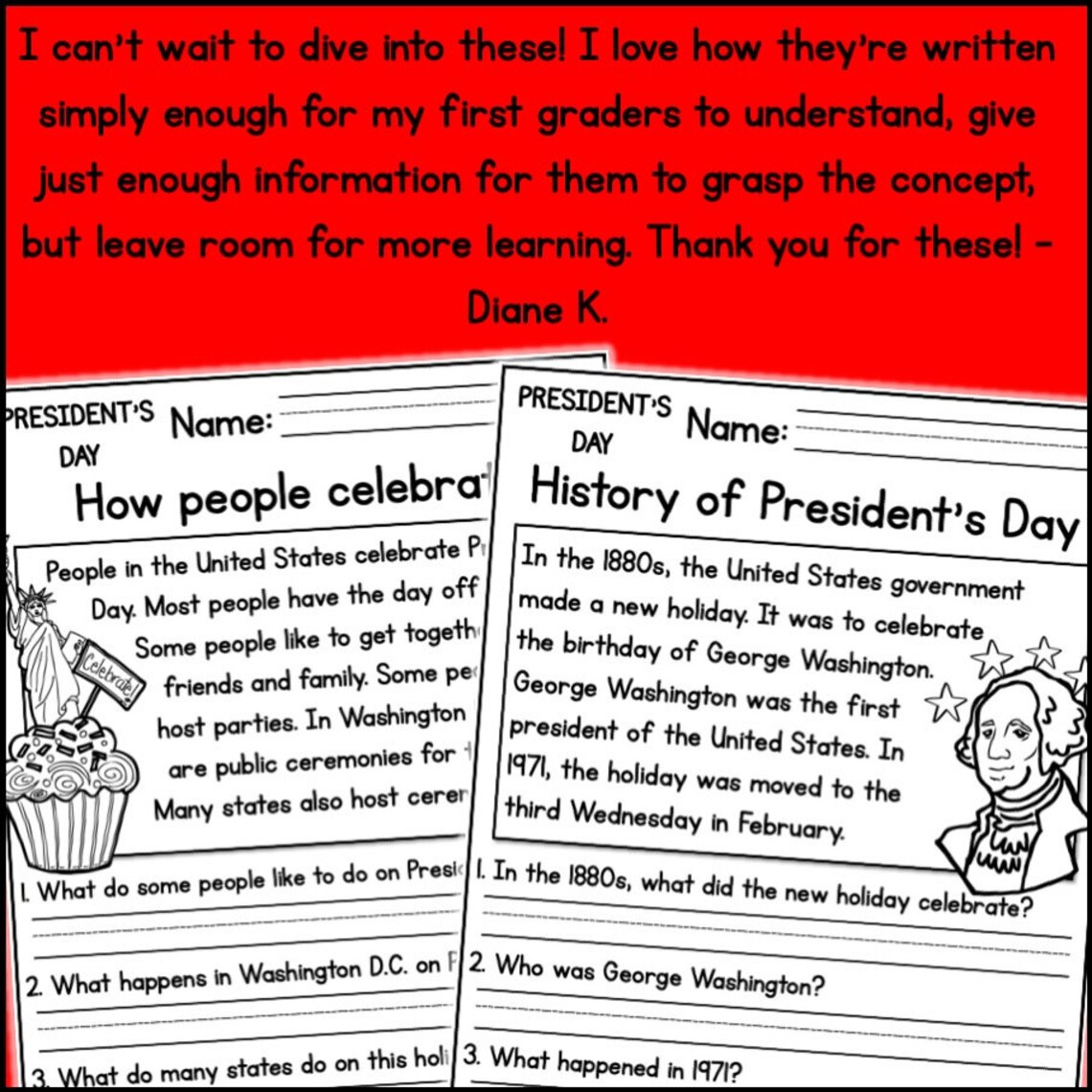 Presidents Day Holidays Reading Comprehension Passages | K-2 ...