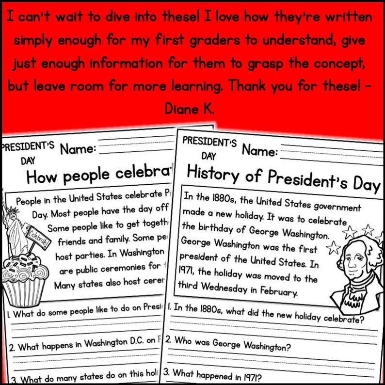 Presidents Day Holidays Reading Comprehension Passages | K-2 ...