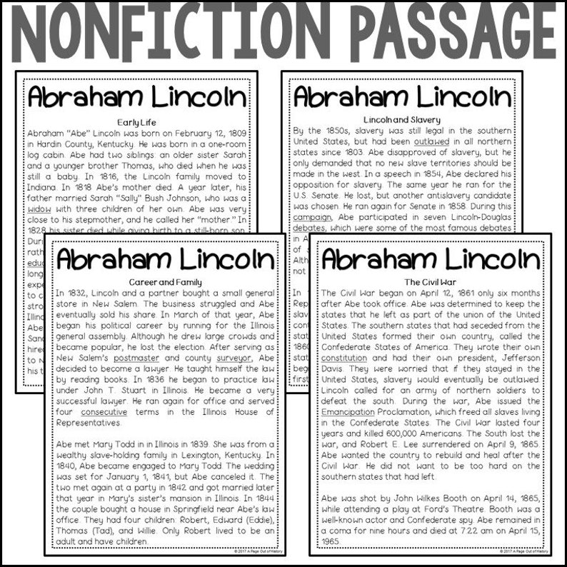 Biography of Abraham Lincoln | Printable Reading Writing Activities for ...