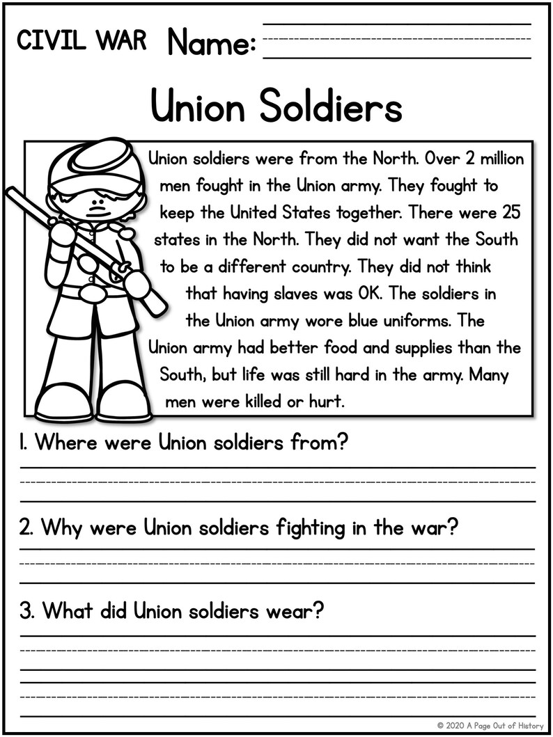 Civil War Reading Comprehension Passages K-2 Homeschool | Etsy Civil War Reading Comprehension Passages K-2 Homeschool | Etsy