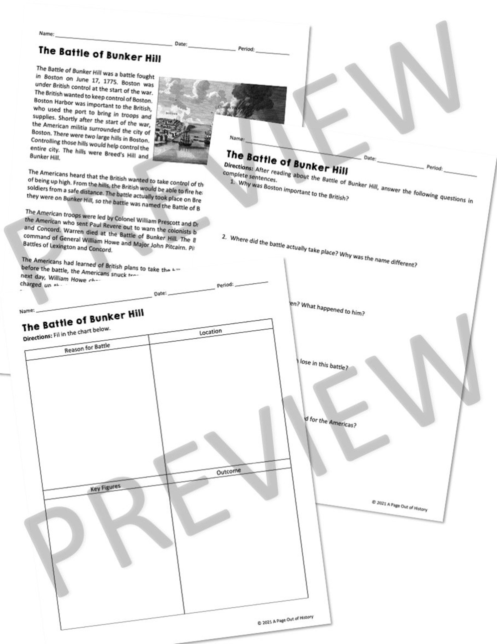 Battle of Bunker Hill Reading Practice Worksheets, American Revolution ...