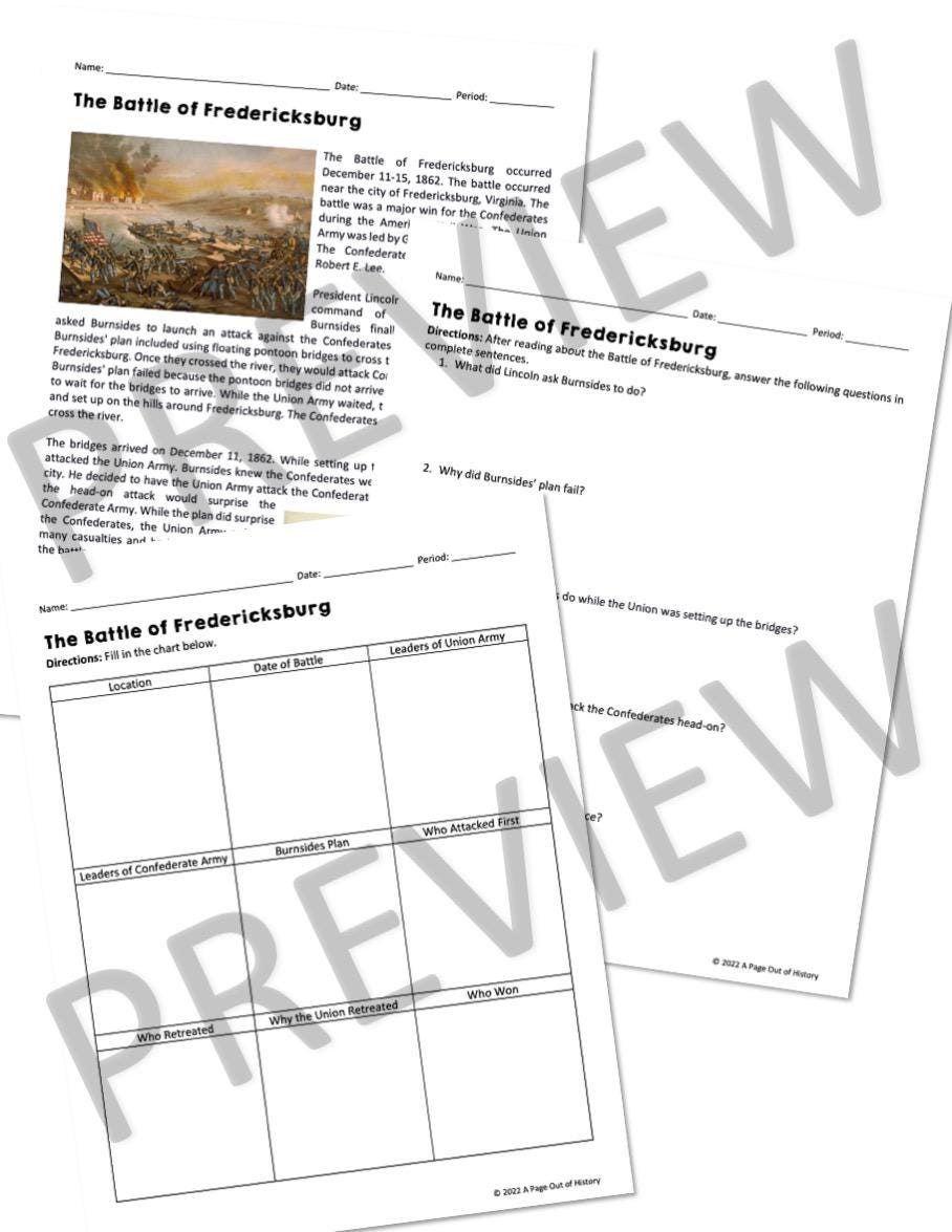 Battle of Fredericksburg Civil War Reading Comprehension Passages ...